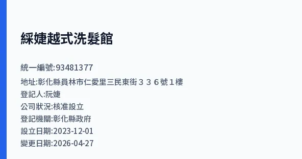 綵婕越式洗髮館的照片-統編 93481377(彰化縣) 公司登記資料與營業項目詳細圖表