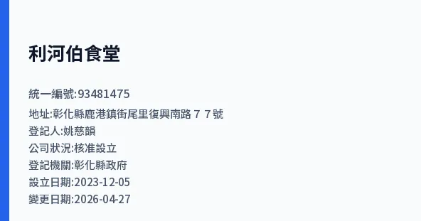 利河伯食堂的照片-統編 93481475(彰化縣) 公司登記資料與營業項目詳細圖表