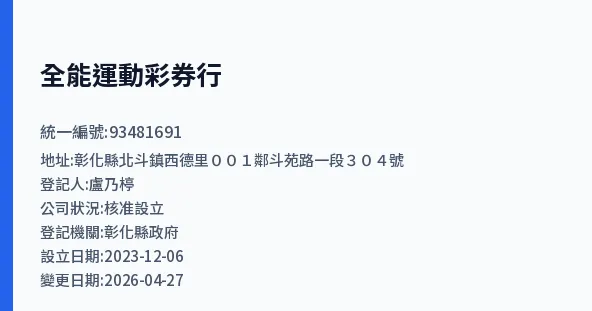 全能運動彩券行的照片-統編 93481691(彰化縣) 公司登記資料與營業項目詳細圖表