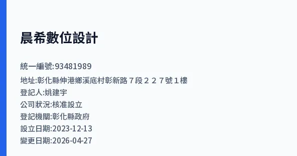 晨希數位設計的照片-統編 93481989(彰化縣) 公司登記資料與營業項目詳細圖表