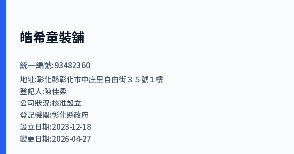 皓希童裝舖的照片-統編 93482360(彰化縣) 公司登記資料與營業項目詳細圖表