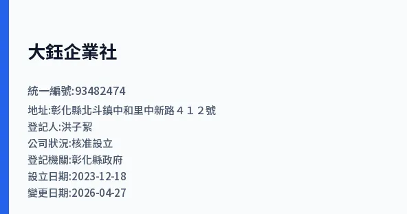 大鈺企業社的照片-統編 93482474(彰化縣) 公司登記資料與營業項目詳細圖表