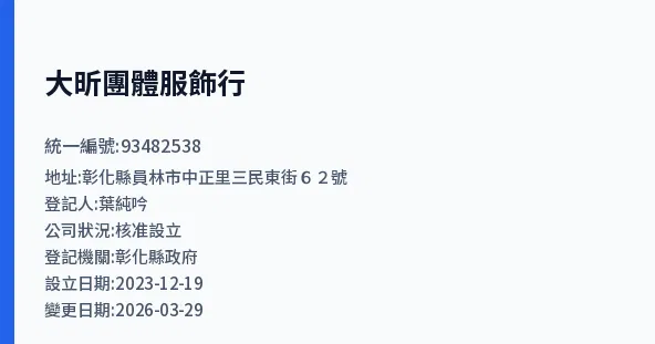 大昕團體服飾行的照片-統編 93482538(彰化縣) 公司登記資料與營業項目詳細圖表