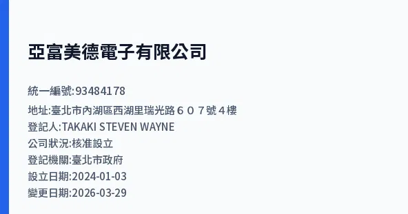 亞富美德電子有限公司的照片-統編 93484178(臺北市) 公司登記資料與營業項目詳細圖表