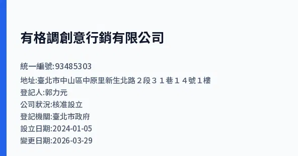 有格調創意行銷有限公司的照片-統編 93485303(臺北市) 公司登記資料與營業項目詳細圖表