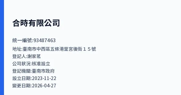 合時有限公司的照片-統編 93487463(臺南市) 公司登記資料與營業項目詳細圖表