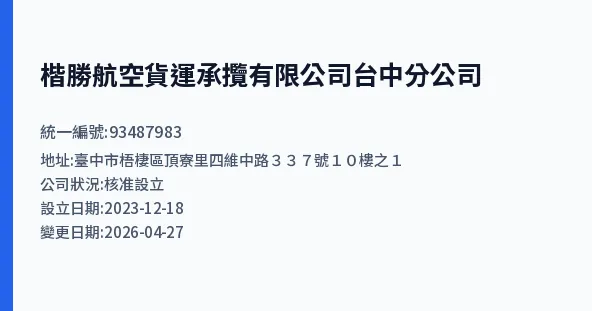 楷勝航空貨運承攬有限公司台中分公司的照片-統編 93487983(臺中市) 公司登記資料與營業項目詳細圖表