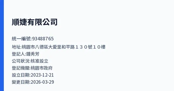 順婕有限公司的照片-統編 93488765(桃園市) 公司登記資料與營業項目詳細圖表