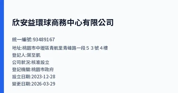 欣安益環球商務中心有限公司的照片-統編 93489167(桃園市) 公司登記資料與營業項目詳細圖表
