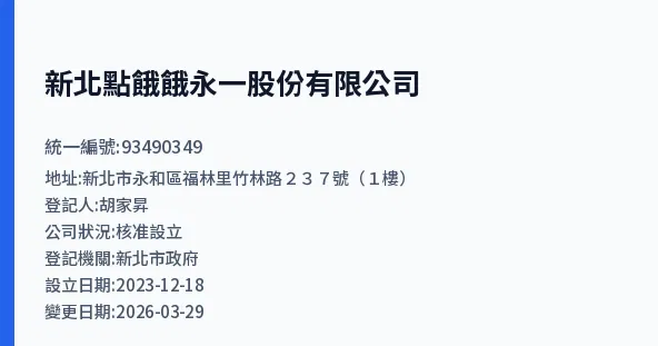 新北點餓餓永一股份有限公司的照片-統編 93490349(新北市) 公司登記資料與營業項目詳細圖表