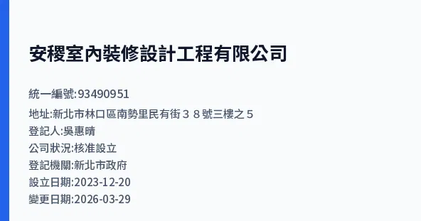 安稷室內裝修設計工程有限公司的照片-統編 93490951(新北市) 公司登記資料與營業項目詳細圖表