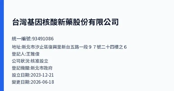 台灣基因核酸新藥股份有限公司的照片-統編 93491086(新北市) 公司登記資料與營業項目詳細圖表