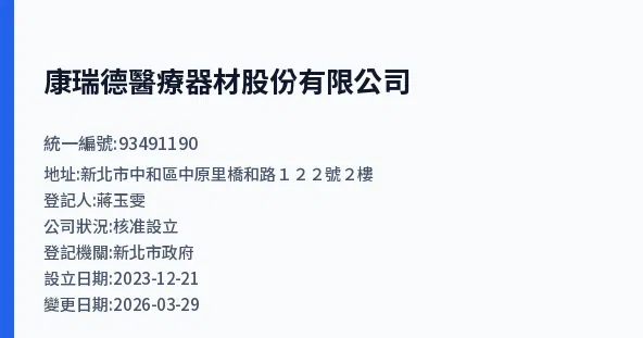 康瑞德醫療器材股份有限公司的照片-統編 93491190(新北市) 公司登記資料與營業項目詳細圖表