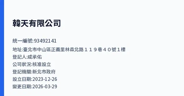 韓天有限公司的照片-統編 93492141(臺北市) 公司登記資料與營業項目詳細圖表