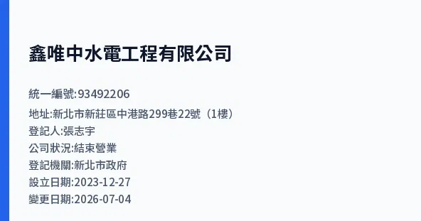 鑫唯中水電工程有限公司的照片-統編 93492206(新北市) 公司登記資料與營業項目詳細圖表