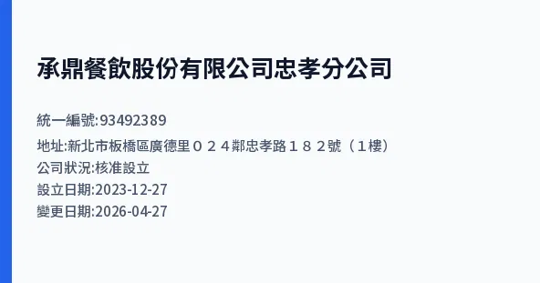 承鼎餐飲股份有限公司忠孝分公司的照片-統編 93492389(新北市) 公司登記資料與營業項目詳細圖表