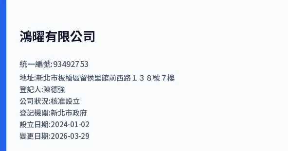鴻曜有限公司的照片-統編 93492753(新北市) 公司登記資料與營業項目詳細圖表