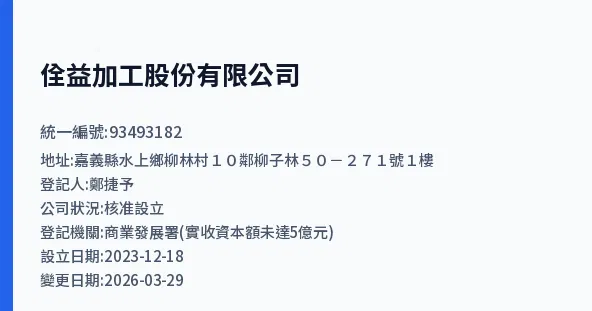 佺益加工股份有限公司的照片-統編 93493182(嘉義縣) 公司登記資料與營業項目詳細圖表