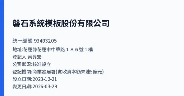 磐石系統模板股份有限公司的照片-統編 93493205(花蓮縣) 公司登記資料與營業項目詳細圖表