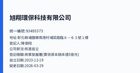 旭翔環保科技有限公司的照片-統編 93493373(彰化縣) 公司登記資料與營業項目詳細圖表