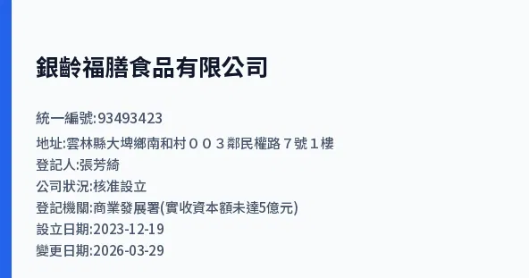 銀齡福膳食品有限公司的照片-統編 93493423(雲林縣) 公司登記資料與營業項目詳細圖表
