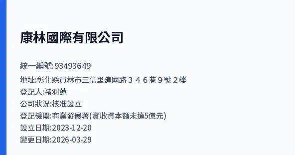 康林國際有限公司的照片-統編 93493649(彰化縣) 公司登記資料與營業項目詳細圖表