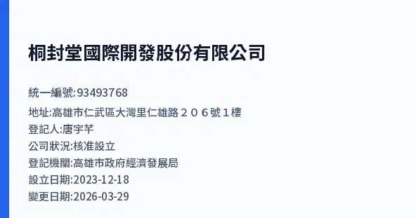 桐封堂國際開發股份有限公司的照片-統編 93493768(高雄市) 公司登記資料與營業項目詳細圖表