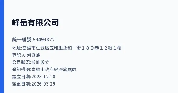 峰岳有限公司的照片-統編 93493872(高雄市) 公司登記資料與營業項目詳細圖表