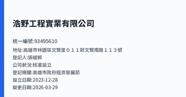浩野工程實業有限公司的照片-統編 93495610(高雄市) 公司登記資料與營業項目詳細圖表