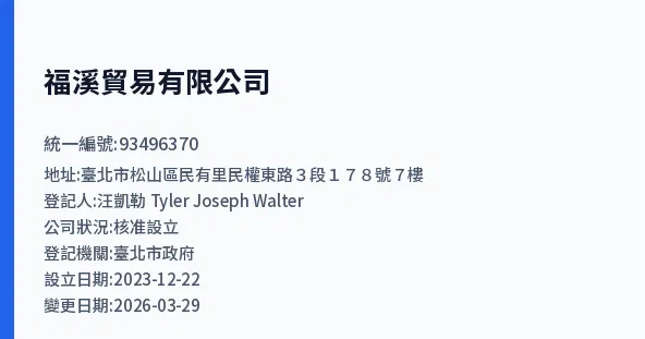 福溪貿易有限公司的照片-統編 93496370(臺北市) 公司登記資料與營業項目詳細圖表
