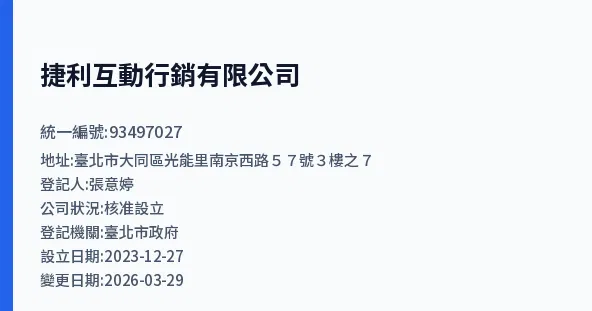 捷利互動行銷有限公司的照片-統編 93497027(臺北市) 公司登記資料與營業項目詳細圖表