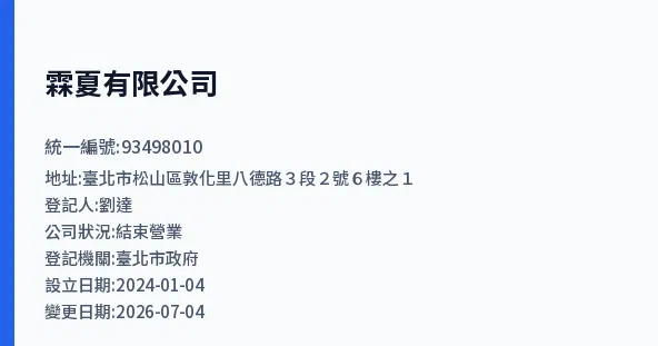 霖夏有限公司的照片-統編 93498010(臺北市) 公司登記資料與營業項目詳細圖表