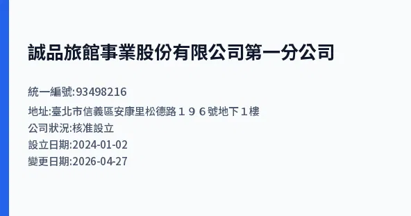 誠品旅館事業股份有限公司第一分公司的照片-統編 93498216(臺北市) 公司登記資料與營業項目詳細圖表