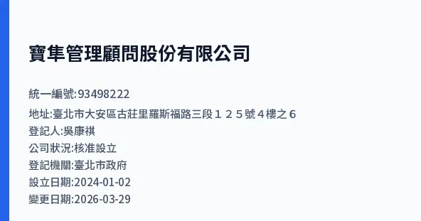寶隼管理顧問股份有限公司的照片-統編 93498222(臺北市) 公司登記資料與營業項目詳細圖表