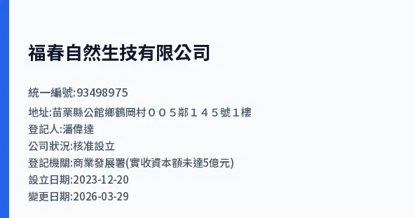 福春自然生技有限公司的照片-統編 93498975(苗栗縣) 公司登記資料與營業項目詳細圖表