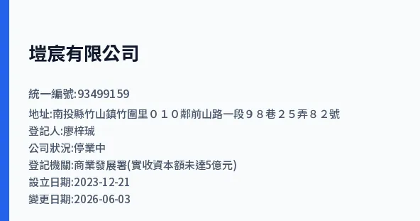 塏宸有限公司的照片-統編 93499159(南投縣) 公司登記資料與營業項目詳細圖表