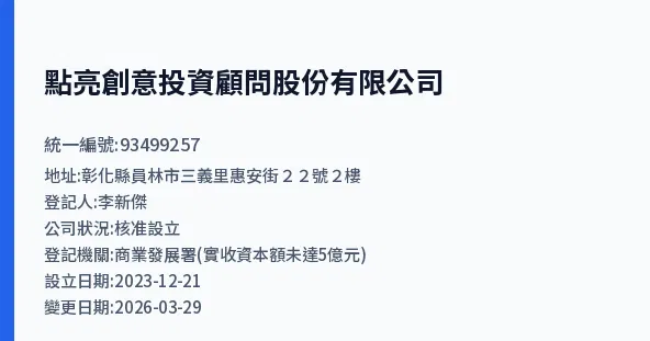 點亮創意投資顧問股份有限公司的照片-統編 93499257(彰化縣) 公司登記資料與營業項目詳細圖表