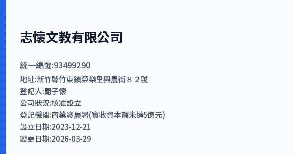 志懷文教有限公司的照片-統編 93499290(新竹縣) 公司登記資料與營業項目詳細圖表