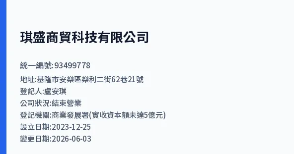 琪盛商貿科技有限公司的照片-統編 93499778(基隆市) 公司登記資料與營業項目詳細圖表