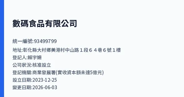 數碼食品有限公司的照片-統編 93499799(彰化縣) 公司登記資料與營業項目詳細圖表
