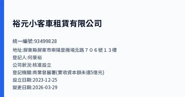 裕元小客車租賃有限公司的照片-統編 93499828(屏東縣) 公司登記資料與營業項目詳細圖表