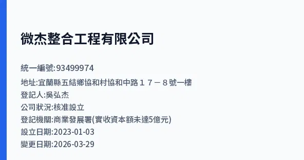 微杰整合工程有限公司的照片-統編 93499974(宜蘭縣) 公司登記資料與營業項目詳細圖表
