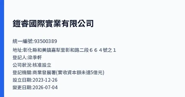 鎧睿國際實業有限公司的照片-統編 93500389(彰化縣) 公司登記資料與營業項目詳細圖表