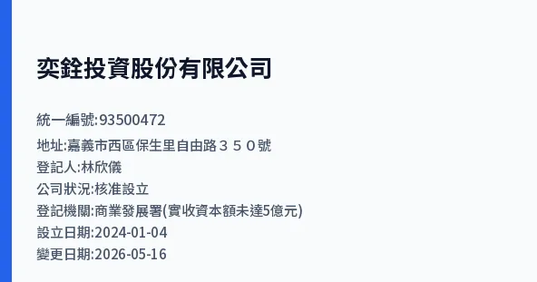奕銓投資股份有限公司的照片-統編 93500472(嘉義市) 公司登記資料與營業項目詳細圖表