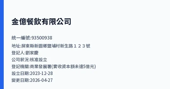 金億餐飲有限公司的照片-統編 93500938(屏東縣) 公司登記資料與營業項目詳細圖表