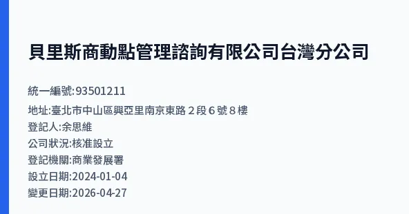 貝里斯商動點管理諮詢有限公司台灣分公司的照片-統編 93501211(臺北市) 公司登記資料與營業項目詳細圖表
