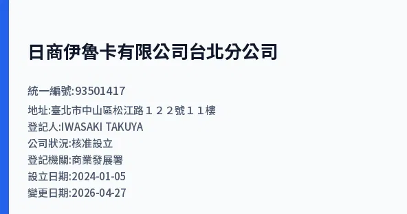 日商伊魯卡有限公司台北分公司的照片-統編 93501417(臺北市) 公司登記資料與營業項目詳細圖表