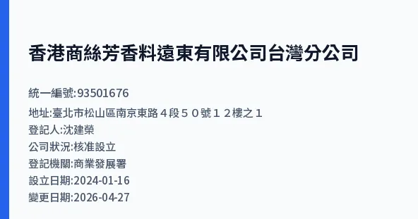 香港商絲芳香料遠東有限公司台灣分公司的照片-統編 93501676(臺北市) 公司登記資料與營業項目詳細圖表