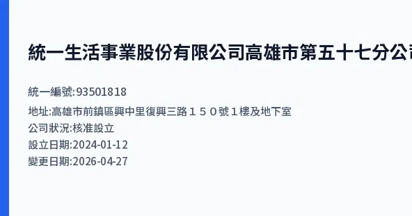 統一生活事業股份有限公司高雄市第五十七分公司的照片-統編 93501818(高雄市) 公司登記資料與營業項目詳細圖表