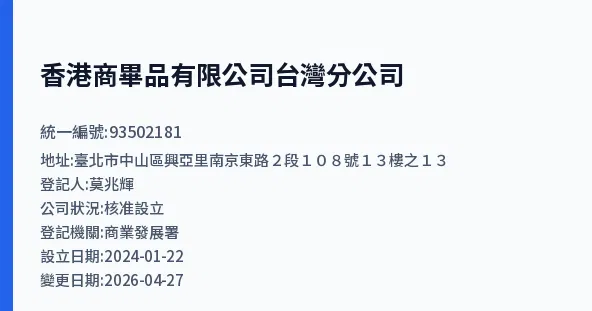 香港商畢品有限公司台灣分公司的照片-統編 93502181(臺北市) 公司登記資料與營業項目詳細圖表